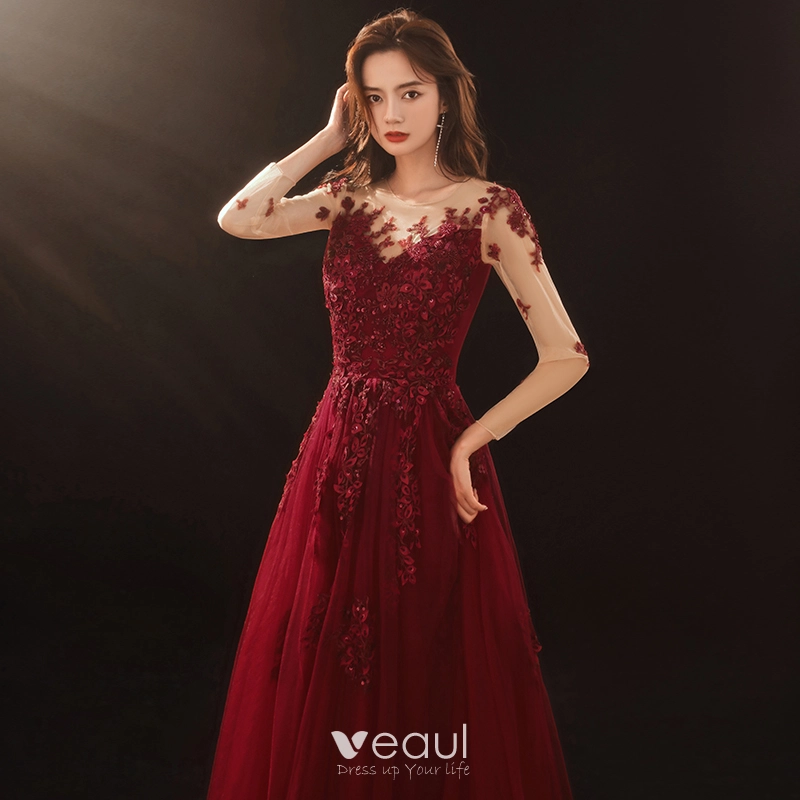 Romantic Burgundy Prom Dresses 2020 A-Line / Princess See-through Scoop ...