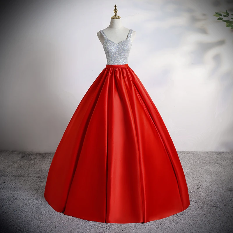 Two Tone Silver Red Satin Prom Dresses 2020 A-Line / Princess Shoulders ...