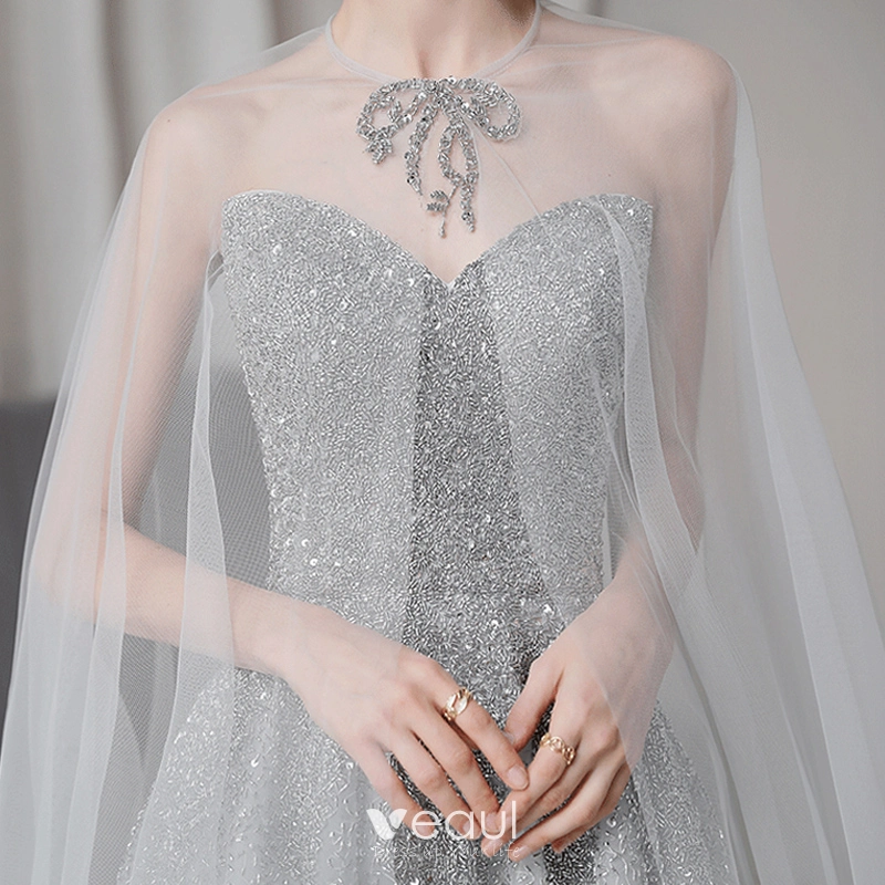 High-end Grey Prom Dresses With Shawl 2020 A-Line / Princess Sweetheart ...