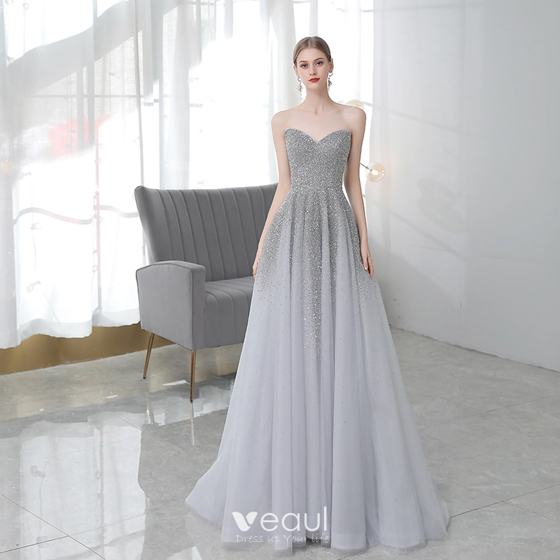 High-end Grey Prom Dresses With Shawl 2020 A-Line / Princess Sweetheart ...
