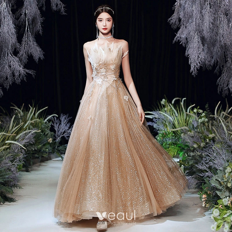 Charming Gold Dancing Prom Dresses 2020 A-Line / Princess Strapless ...