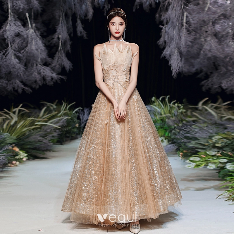 Charming Gold Dancing Prom Dresses 2020 A-Line / Princess Strapless ...
