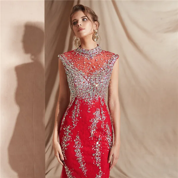 High End Red See Through Evening Dresses 2020 Trumpet Mermaid High Neck ...