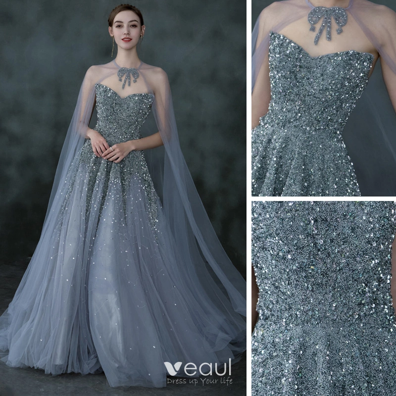 Charming Ocean Blue Prom Dresses With Shawl 2021 A-Line / Princess ...