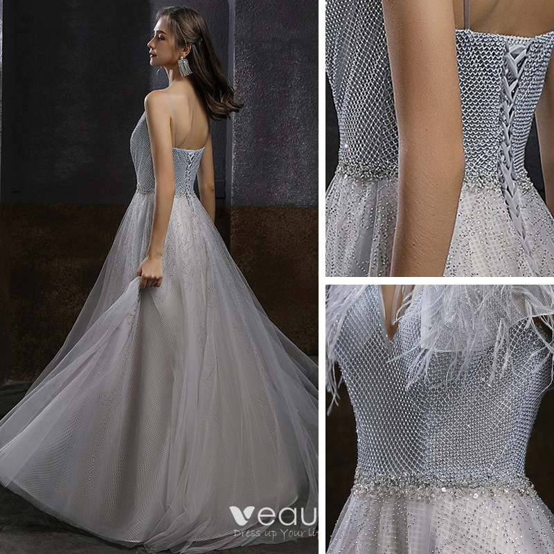 High-end Silver Dancing Prom Dresses With Shawl 2021 A-Line / Princess ...