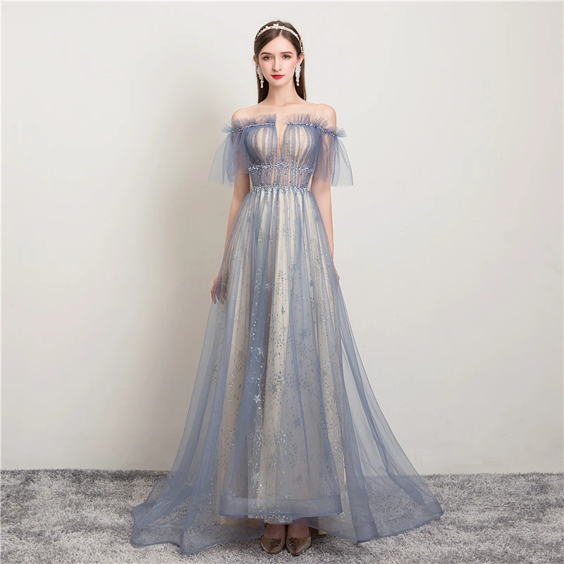 Elegant Ocean Blue Prom Dresses 2021 A-Line / Princess See-through Off ...