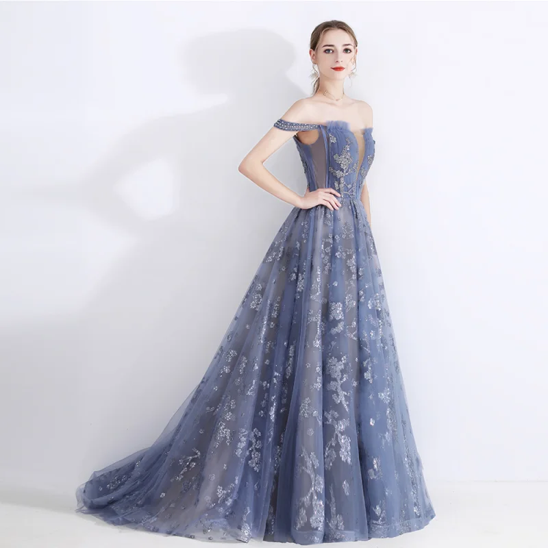 Chic / Beautiful Ocean Blue Evening Dresses 2020 A-Line / Princess Off ...