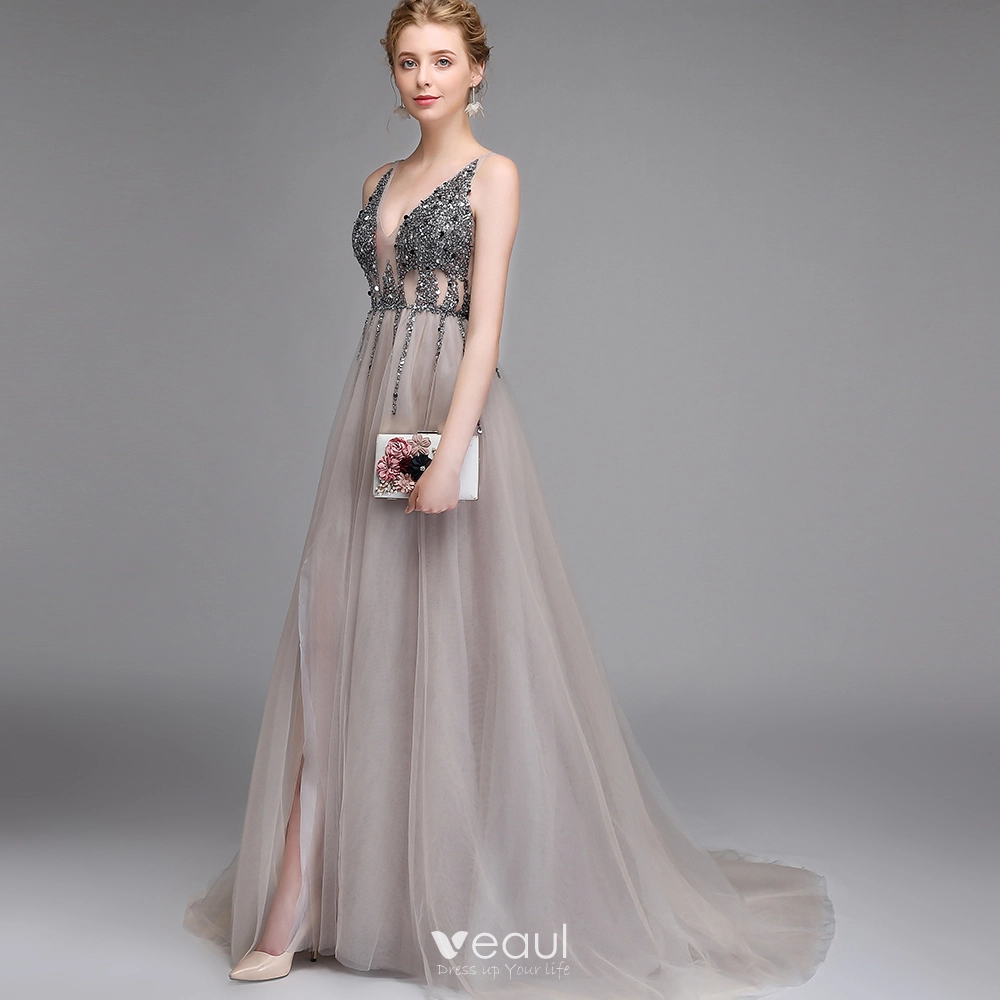 Sexy Grey Prom Dresses 2020 A-Line / Princess Deep V-Neck Sleeveless ...