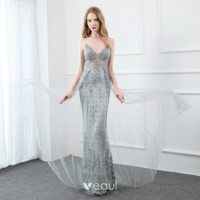 Illusion Grey See-through Evening Dresses 2020 A-Line / Princess ...