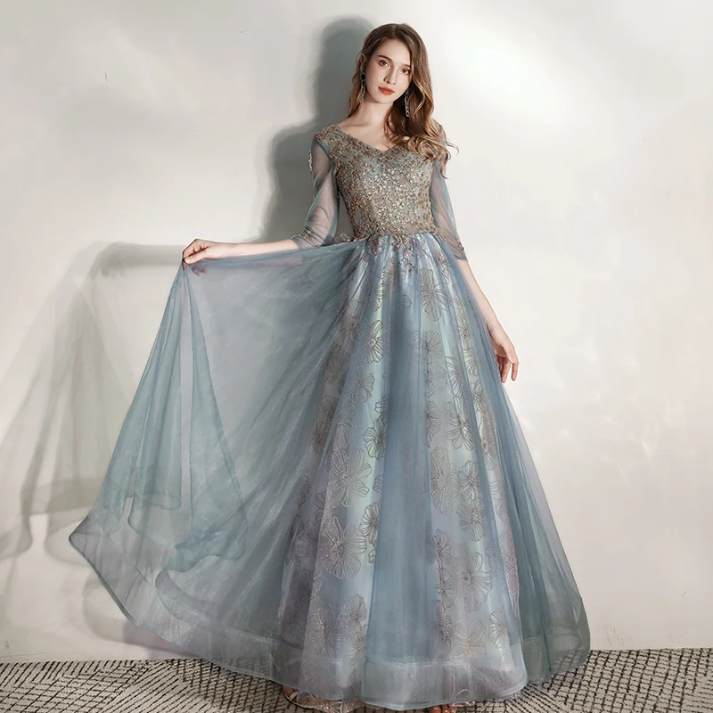 Chic / Beautiful Ink Blue Evening Dresses 2020 A-Line / Princess V-Neck ...