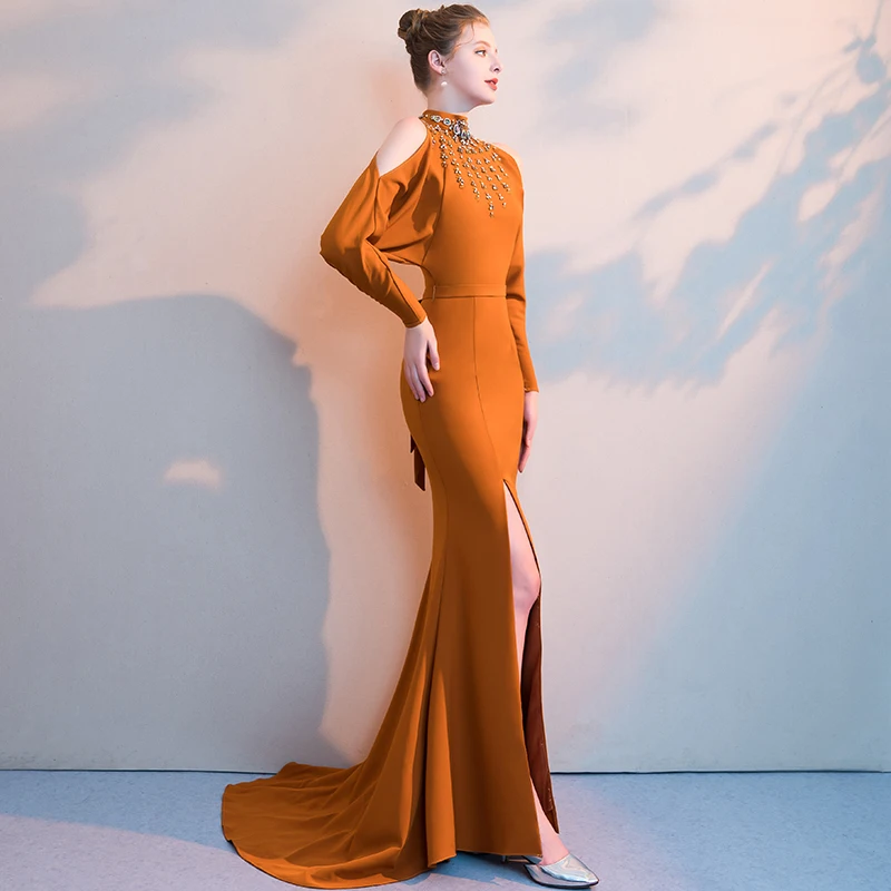 Luxury / Gorgeous Tan Evening Dresses 2019 Trumpet / Mermaid High Neck ...