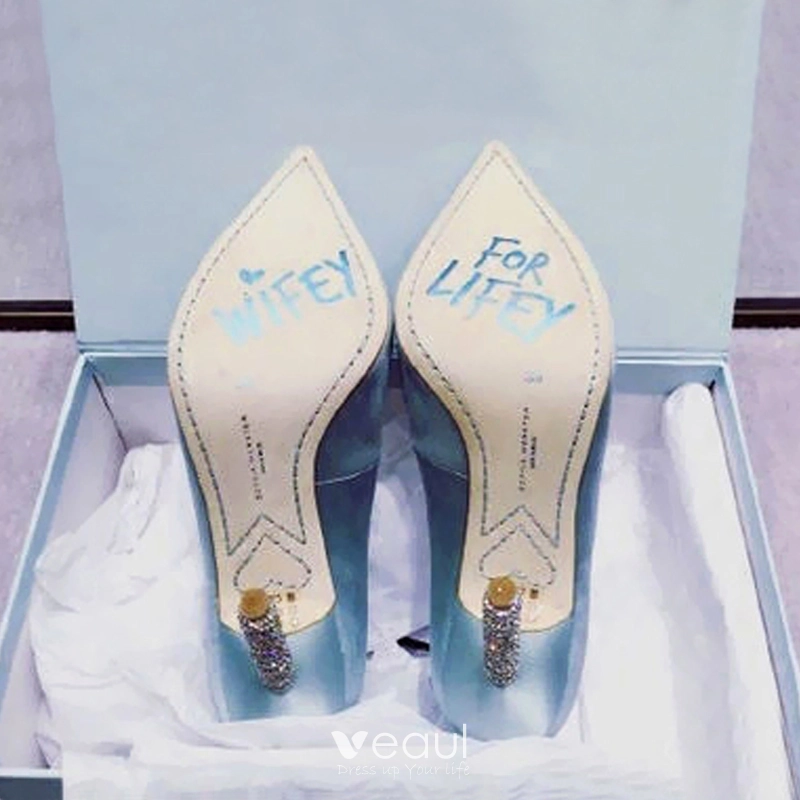Elegantes Azul Cielo Gala Zapatos De Mujer 2018 Cuero 10 cm Rhinestone ...