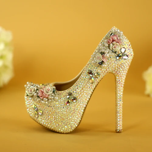 Charming White Crystal Wedding Shoes 2019 Pearl Rhinestone 14 cm ...