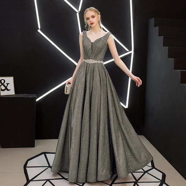 Charming Silver Evening Dresses 2019 A-Line / Princess Sleeveless ...
