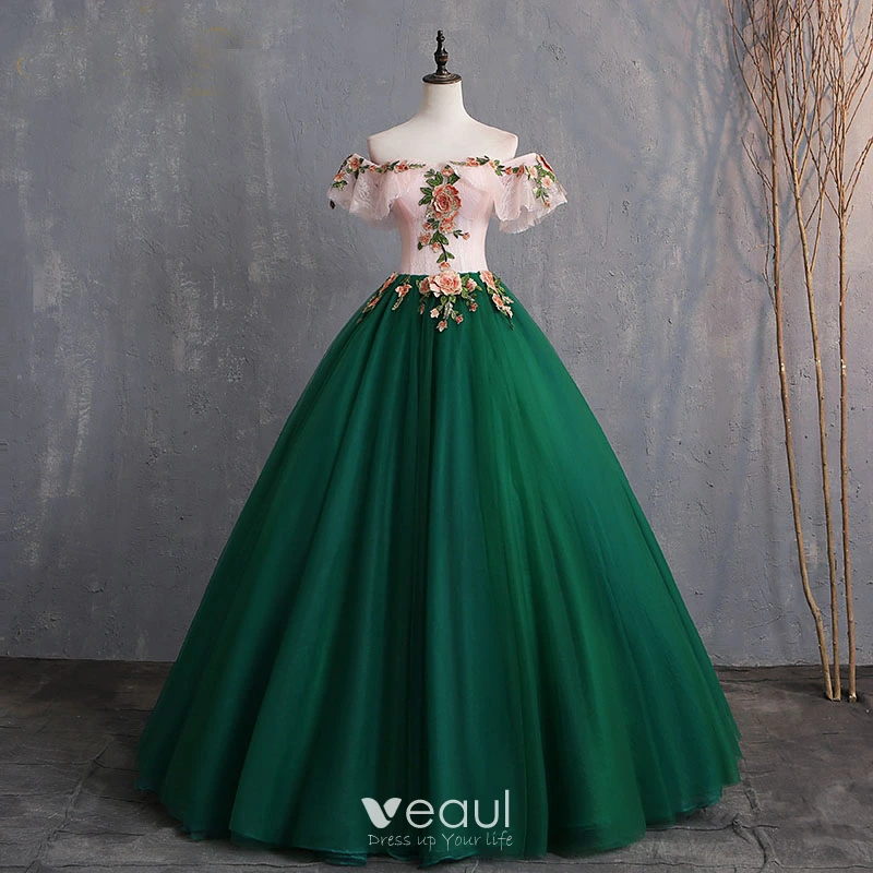 Vintage Dunkelgrün Ballkleider 2019 Ballkleid Applikationen Spitze Off ...