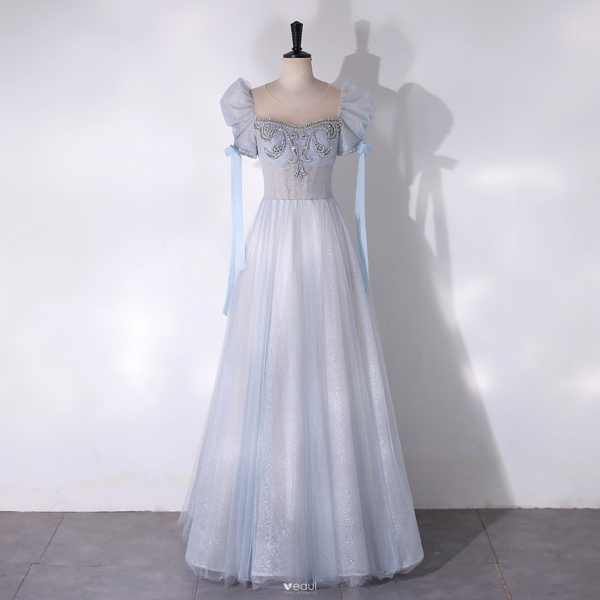 Chic / Beautiful Sky Blue Glitter Rhinestone Prom Dresses 2024 A-Line ...