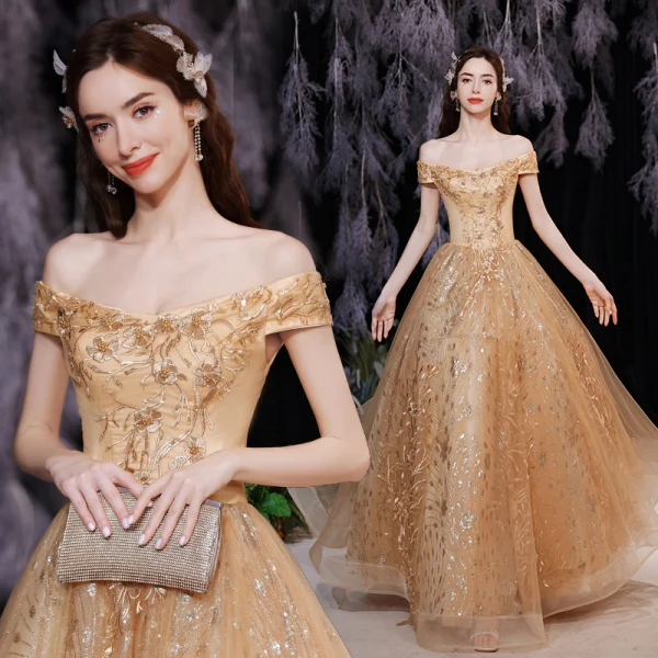 Chic / Beautiful Gold Prom Dresses 2021 A-Line / Princess Off-The ...