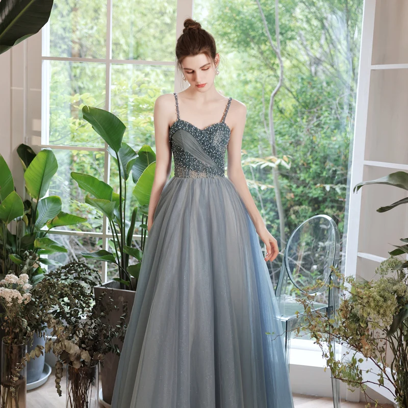 Elegant Ocean Blue Prom Dresses 2021 A-Line / Princess Spaghetti Straps ...