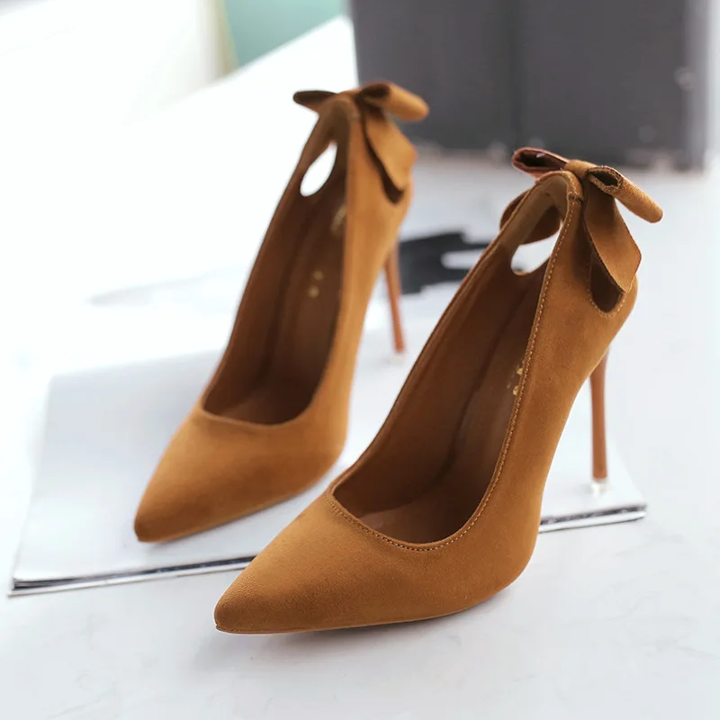 Affordable Tan Casual Suede Pumps 2020 Bow 11 cm Stiletto Heels Pointed ...