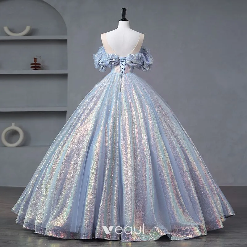 Fancy Sky Blue Prom Dresses 2023 Laser Short Sleeve Crossed Straps