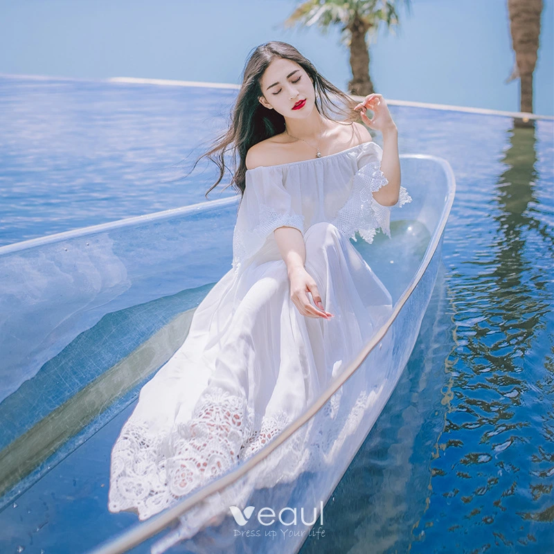 Modest Simple White Honeymoon Maxi Dresses 2019 A Line Princess Off The Shoulder Lace Pleated Short Sleeve Floor Length Long Womens Clothing