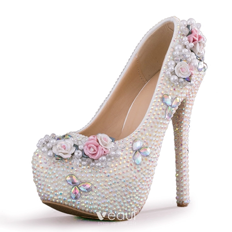 Charming White Crystal Wedding Shoes 2019 Pearl Rhinestone 14 cm ...