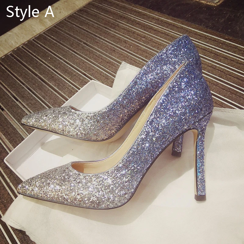 Charming Gradient-Color Silver Wedding Shoes 2019 Sequins 10 cm ...
