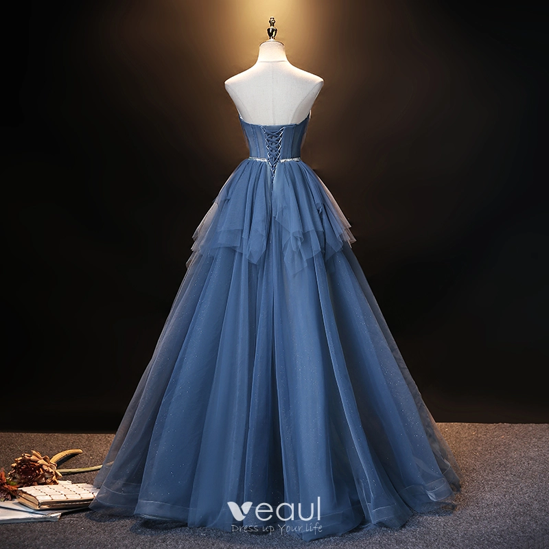 Fashion Ocean Blue Prom Dresses 2021 A-Line / Princess Strapless ...