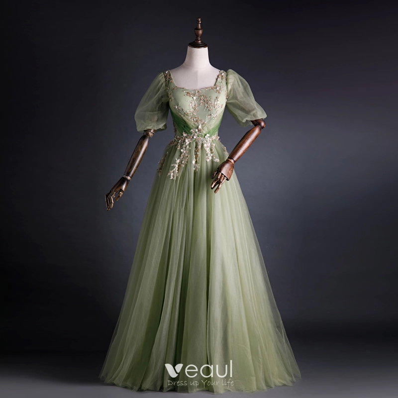 Elegant Sage Green Prom Dresses 2021 Ball Gown Square Neckline Pearl