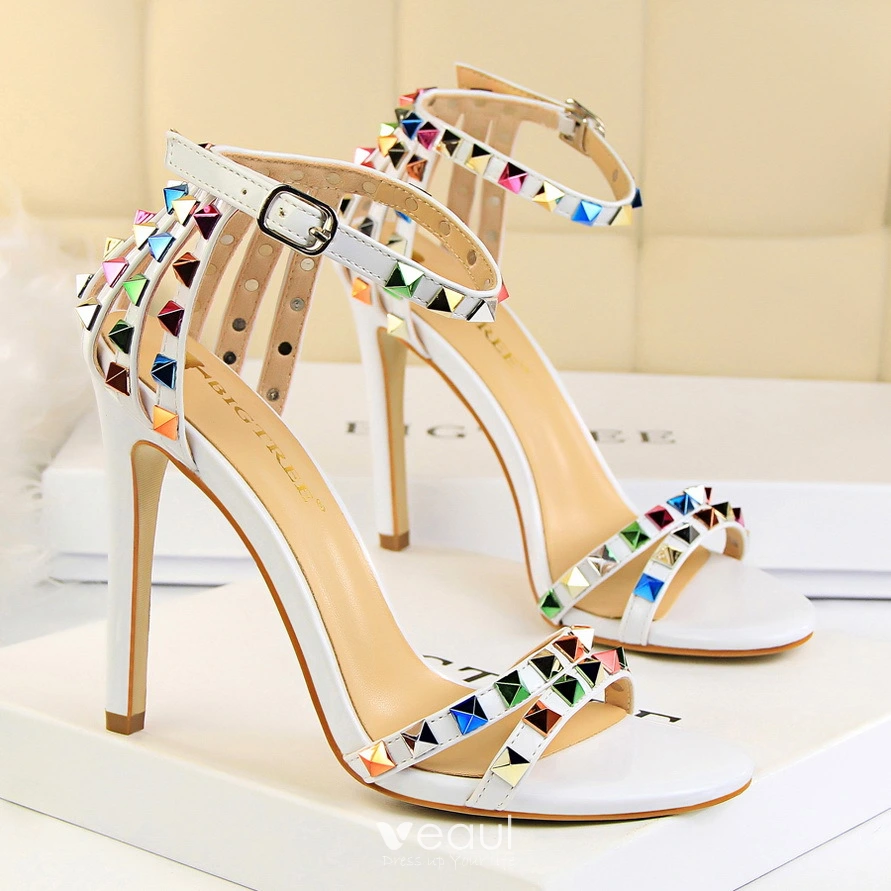 Sexy Silver Cocktail Party Rivet Womens Sandals 2021 T Strap 11 Cm