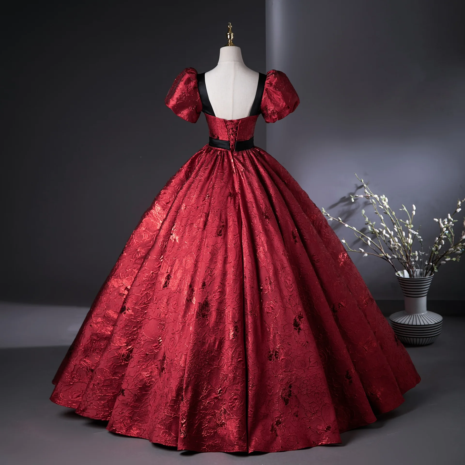 Demure Burgundy Beading Lace Flower Printing Prom Dresses Ball Gown ...
