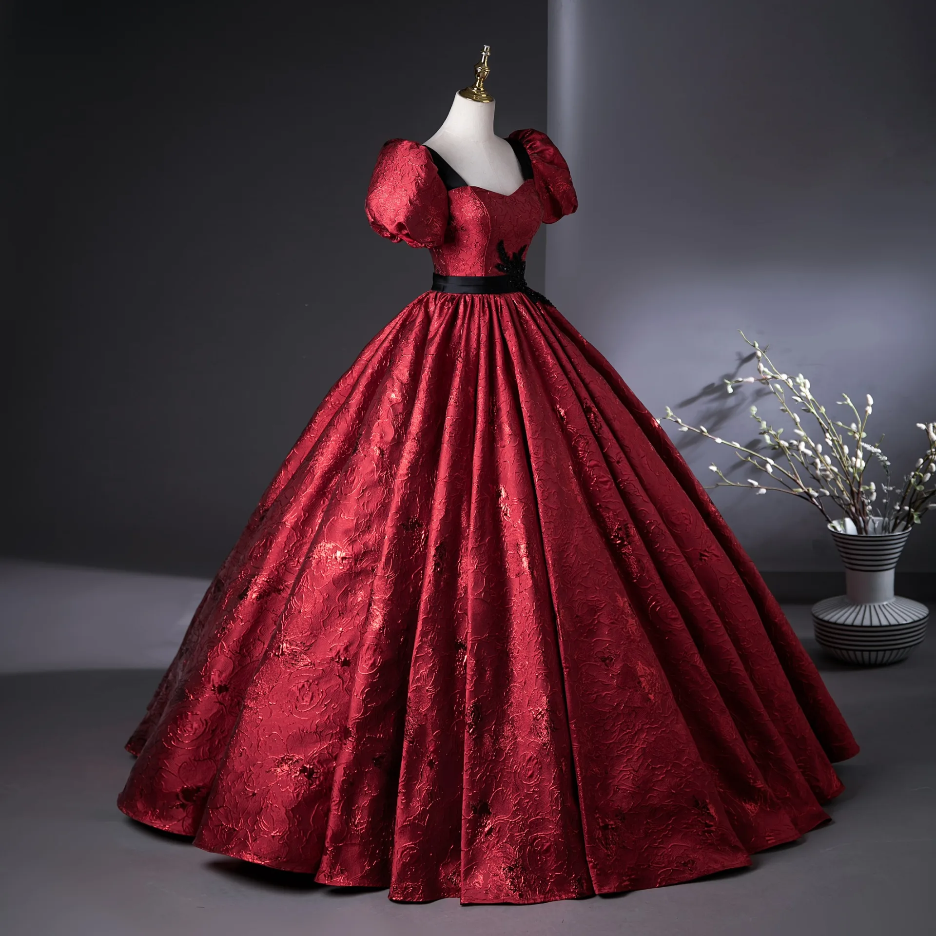 Demure Burgundy Beading Lace Flower Printing Prom Dresses Ball Gown ...