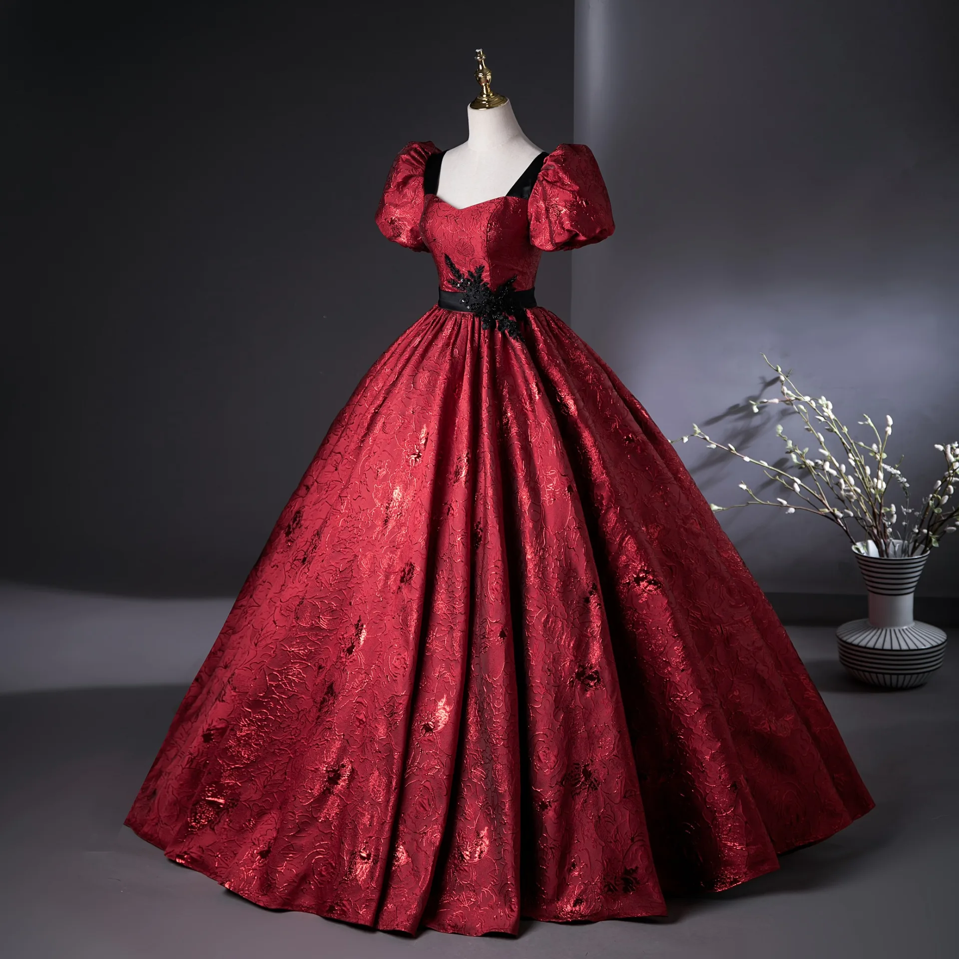 Demure Burgundy Beading Lace Flower Printing Prom Dresses Ball Gown ...