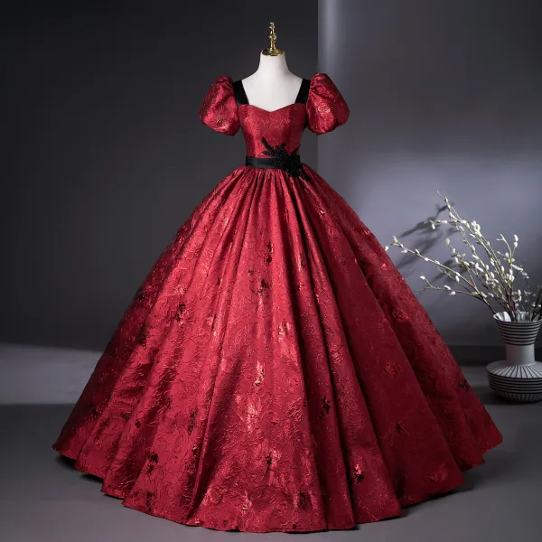 Demure Burgundy Beading Lace Flower Printing Prom Dresses Ball Gown ...