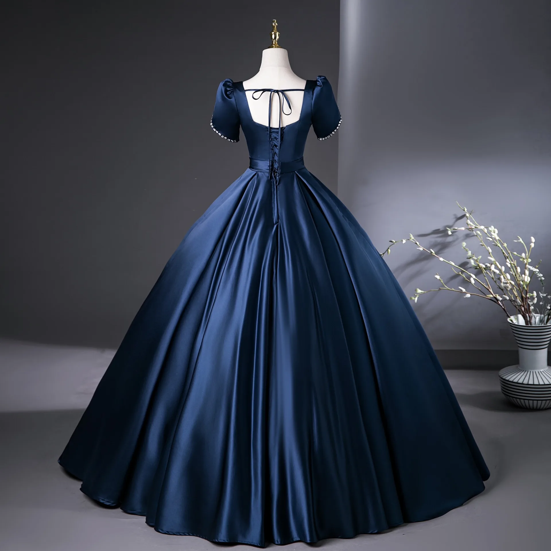 Demure Navy Blue Satin Prom Dresses 2025 Ball Gown Square Neckline ...