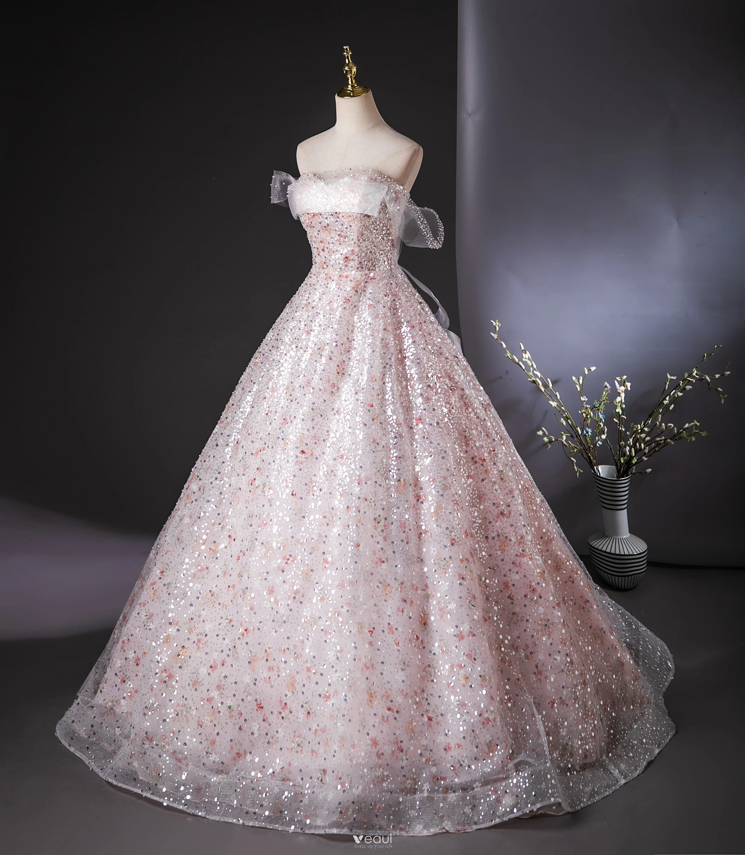 Bling Bling Blushing Pink Beading Sequins Prom Dresses 2024 Ball Gown ...