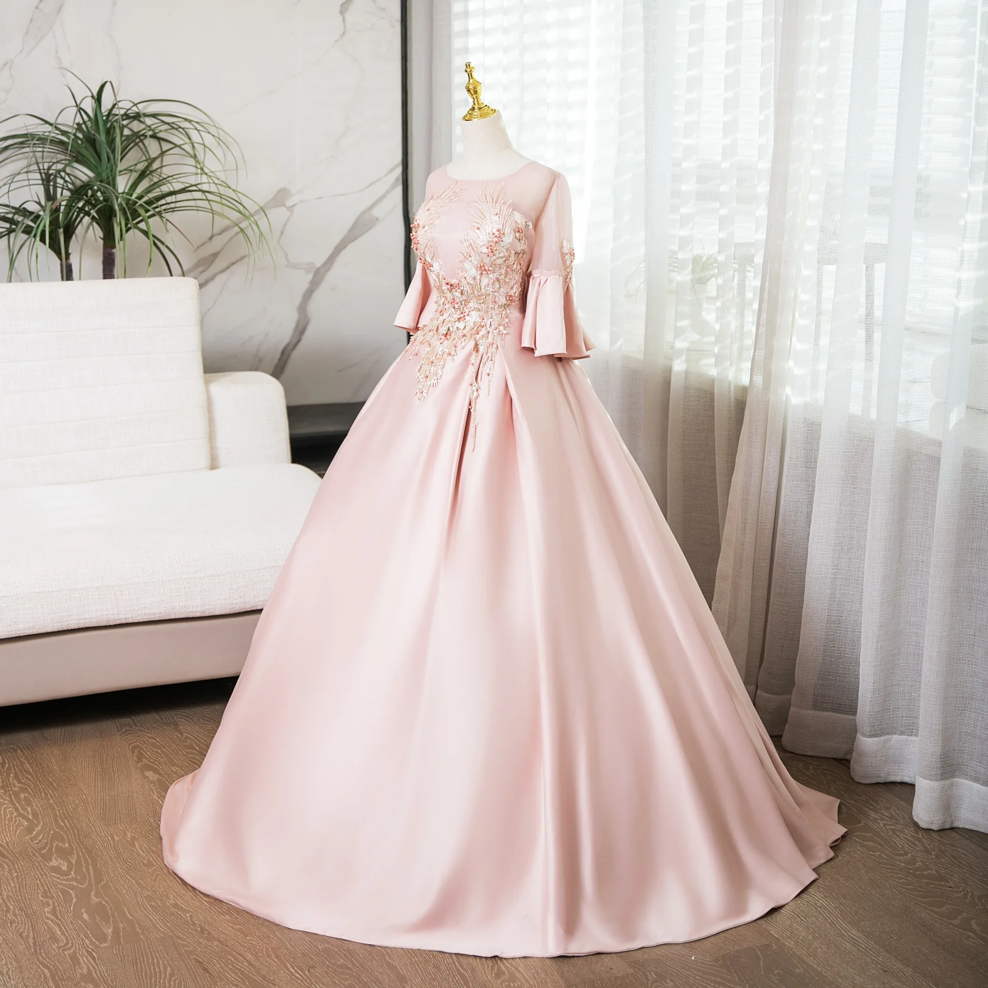 Elegantes Rosa Clara Perla Con Encaje Flor Vestidos de gala 2024 Satén ...