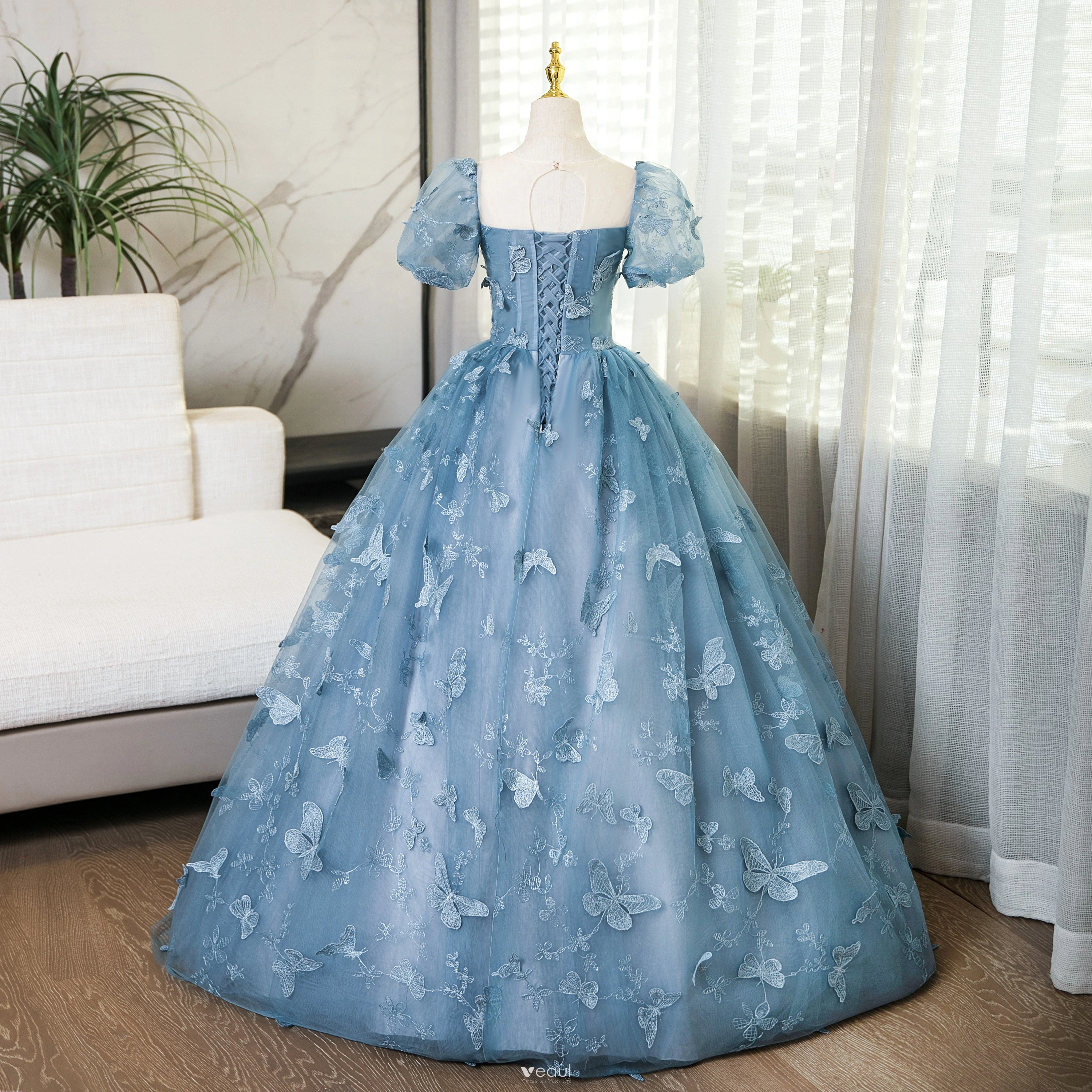 Elegant Pool Blue Lace Butterfly Prom Dresses 2024 Ball Gown Square ...