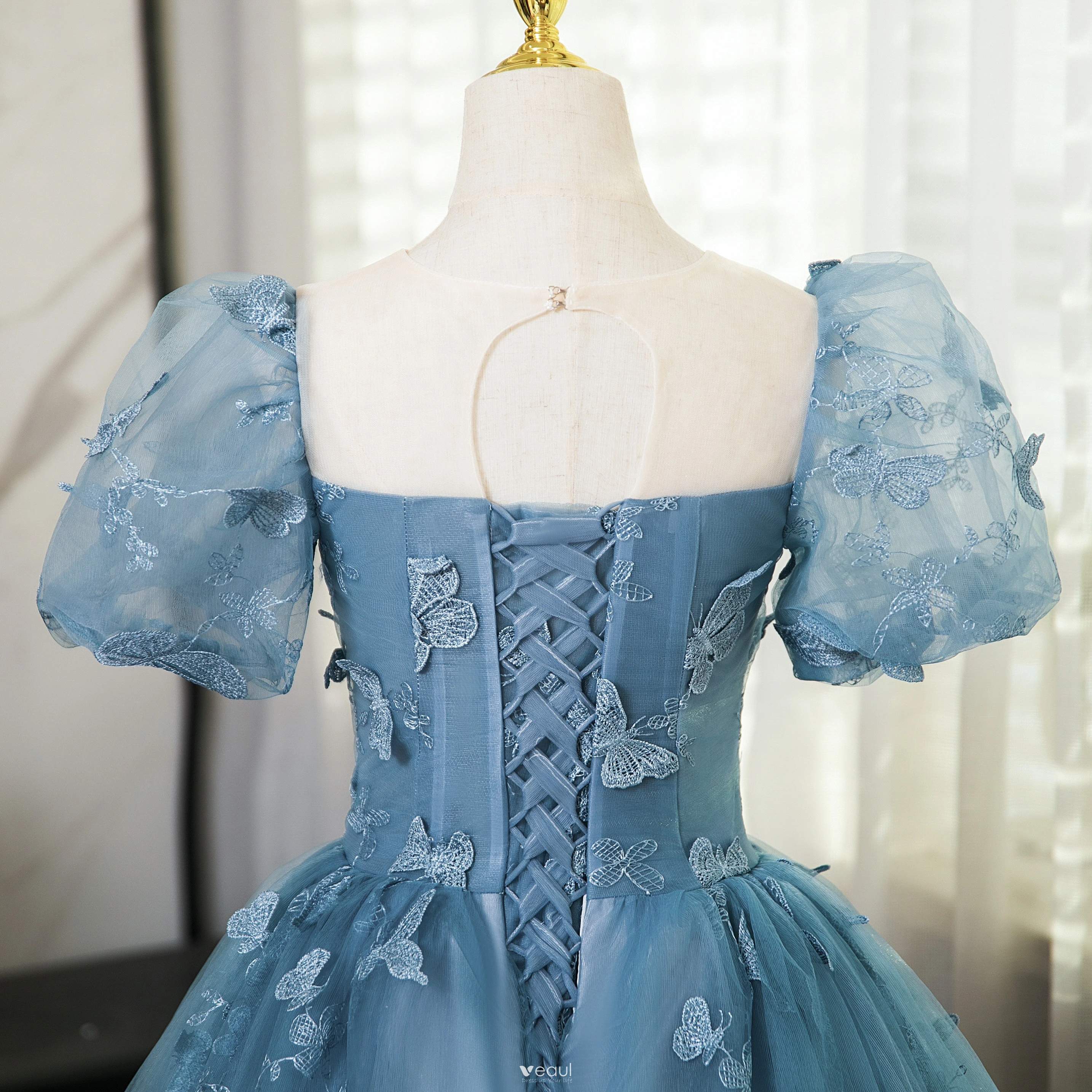 Elegant Pool Blue Lace Butterfly Prom Dresses 2024 Ball Gown Square ...