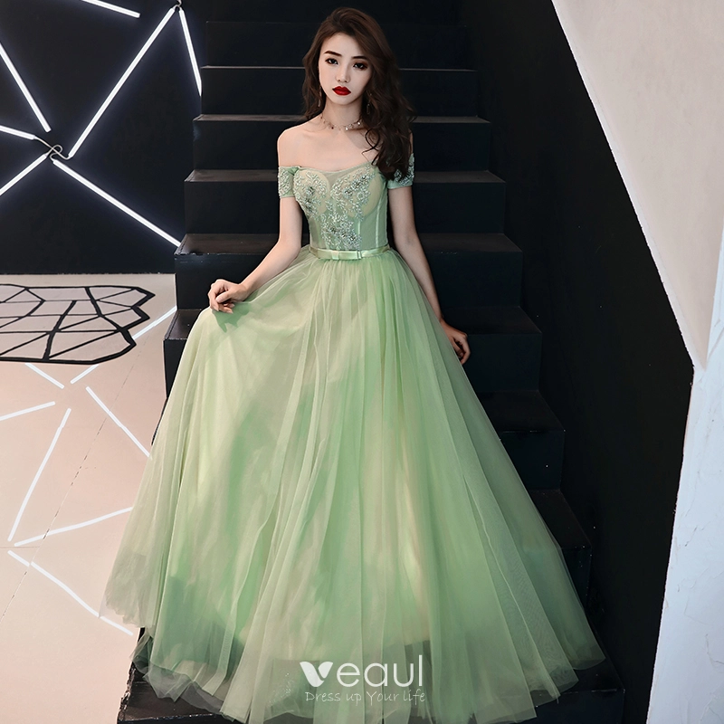 Elegant Sage Green Prom Dresses 2019 A Line Princess Off The Shoulder