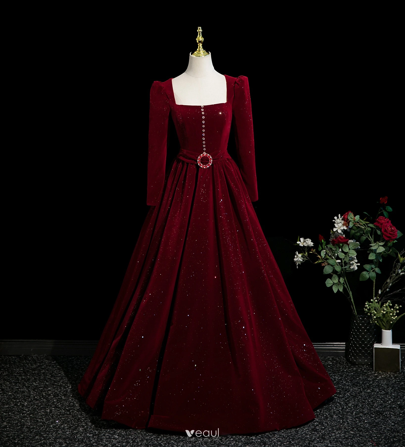 Demure Burgundy Rhinestone Sequins Velvet Prom Dresses 2025 Ball Gown ...