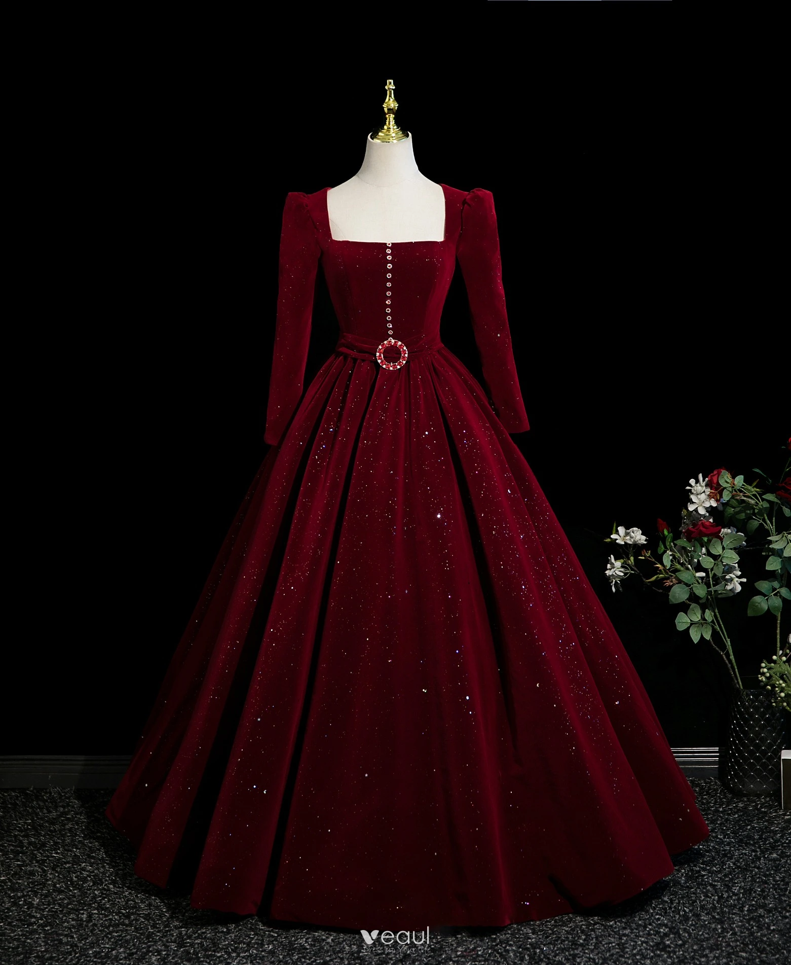 Demure Burgundy Rhinestone Sequins Velvet Prom Dresses 2025 Ball Gown ...