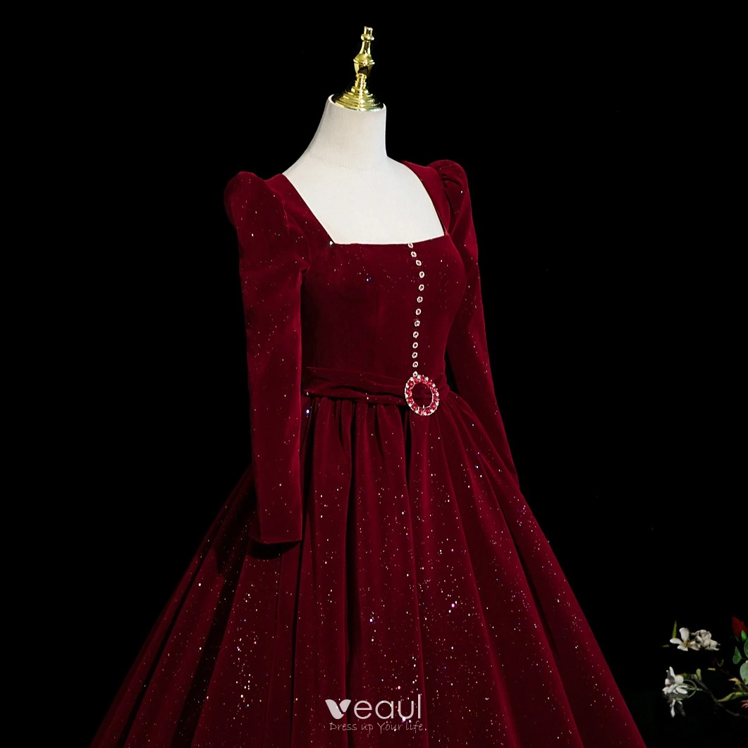 Demure Burgundy Rhinestone Sequins Velvet Prom Dresses 2025 Ball Gown ...
