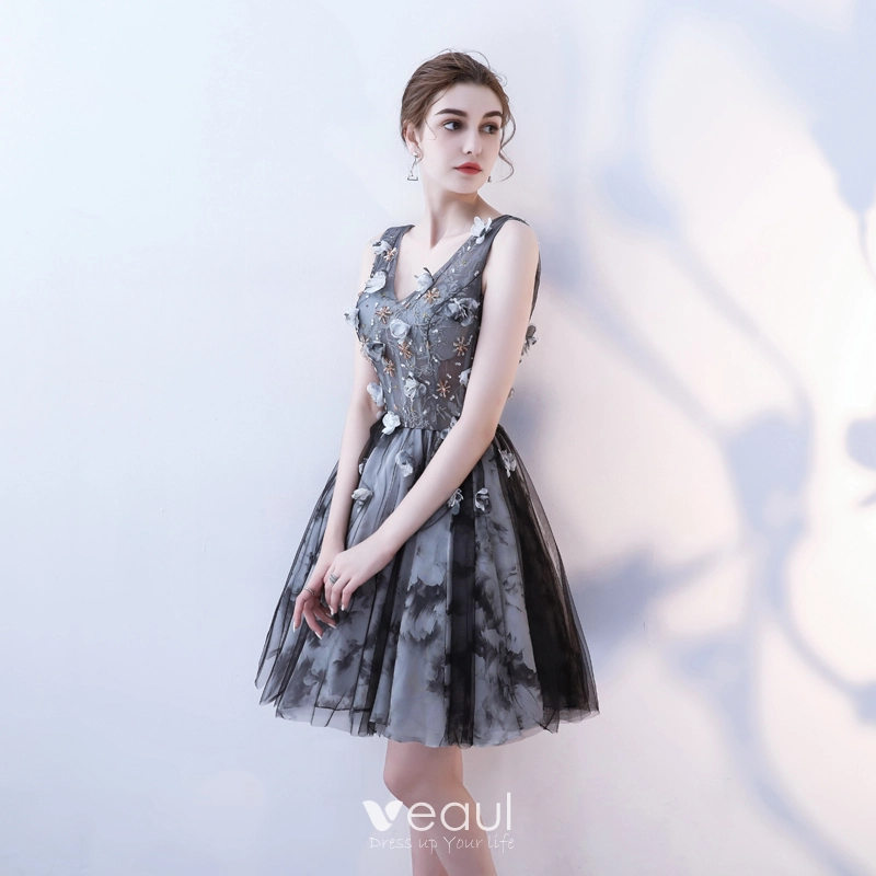 Chic / Beautiful Grey Cocktail Dresses 2019 A-Line / Princess V-Neck ...