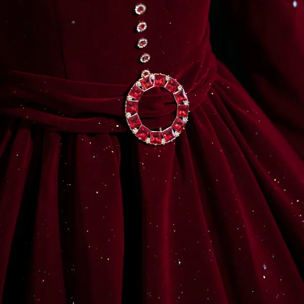 Demure Burgundy Rhinestone Sequins Velvet Prom Dresses 2025 Ball Gown ...
