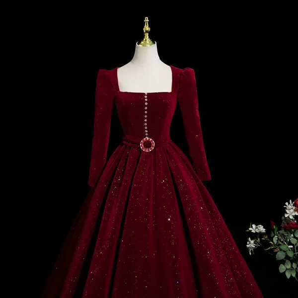 Demure Burgundy Rhinestone Sequins Velvet Prom Dresses 2025 Ball Gown ...