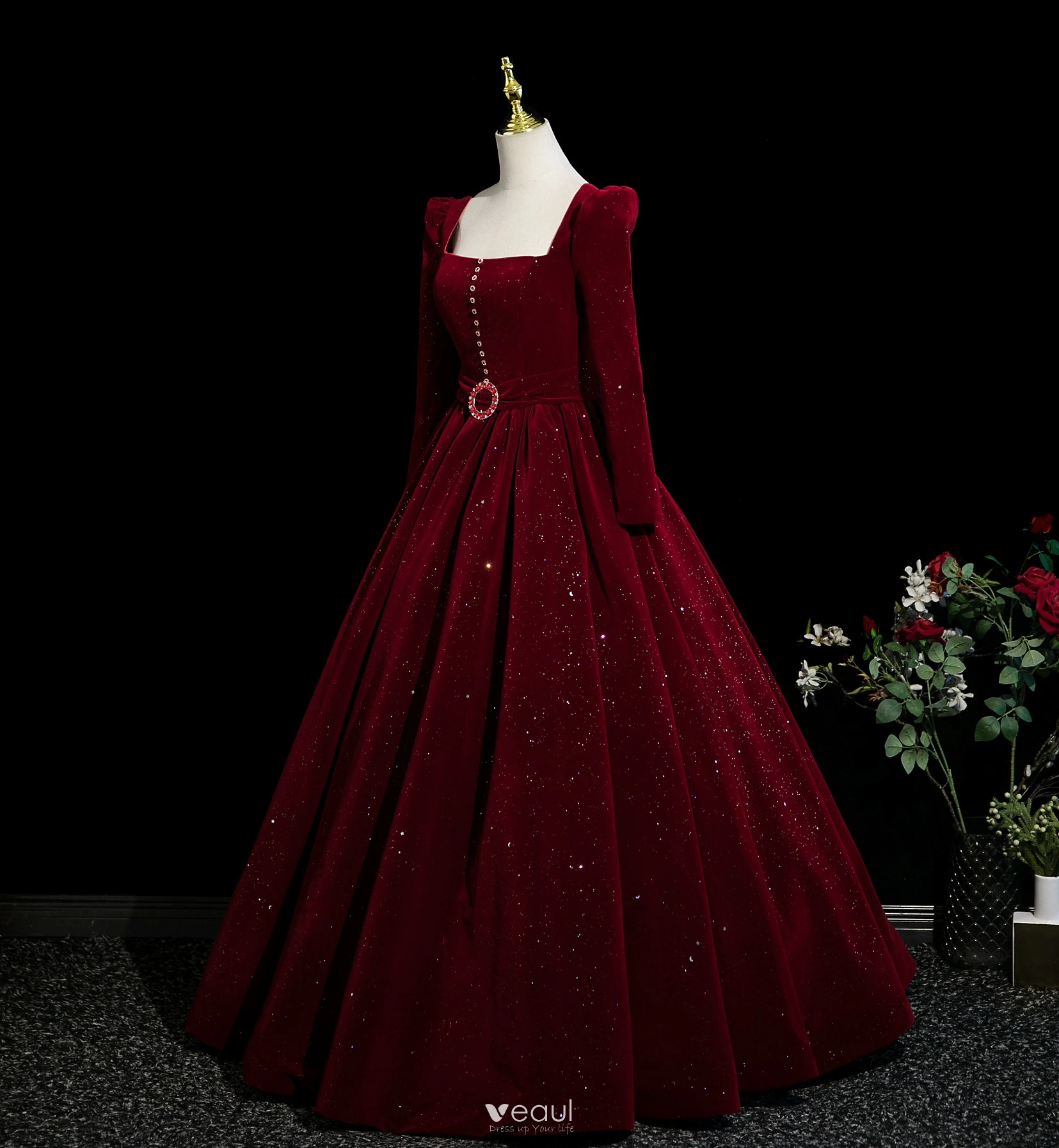 Demure Burgundy Rhinestone Sequins Velvet Prom Dresses 2025 Ball Gown ...