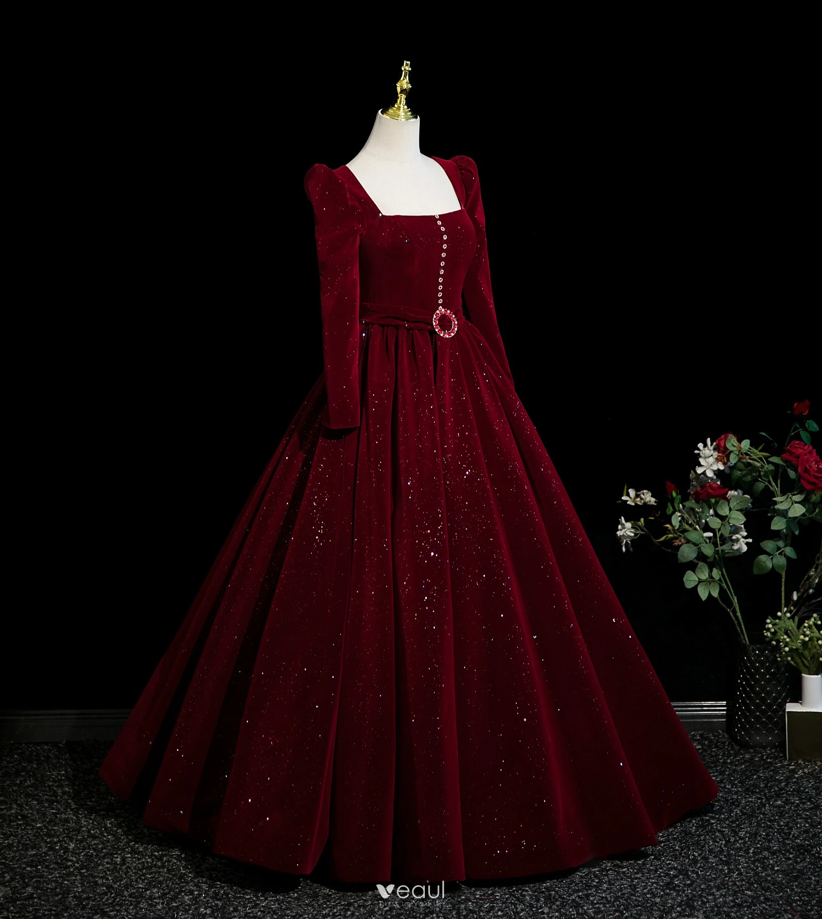 Demure Burgundy Rhinestone Sequins Velvet Prom Dresses 2025 Ball Gown ...