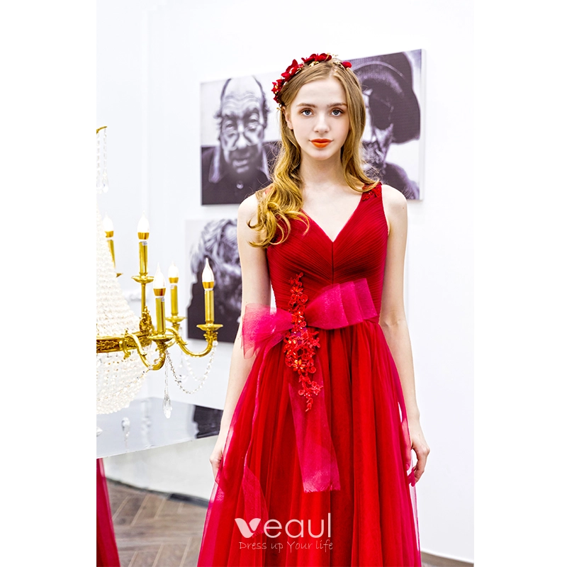 Chic / Beautiful Red Prom Dresses 2019 A-Line / Princess V-Neck Beading ...
