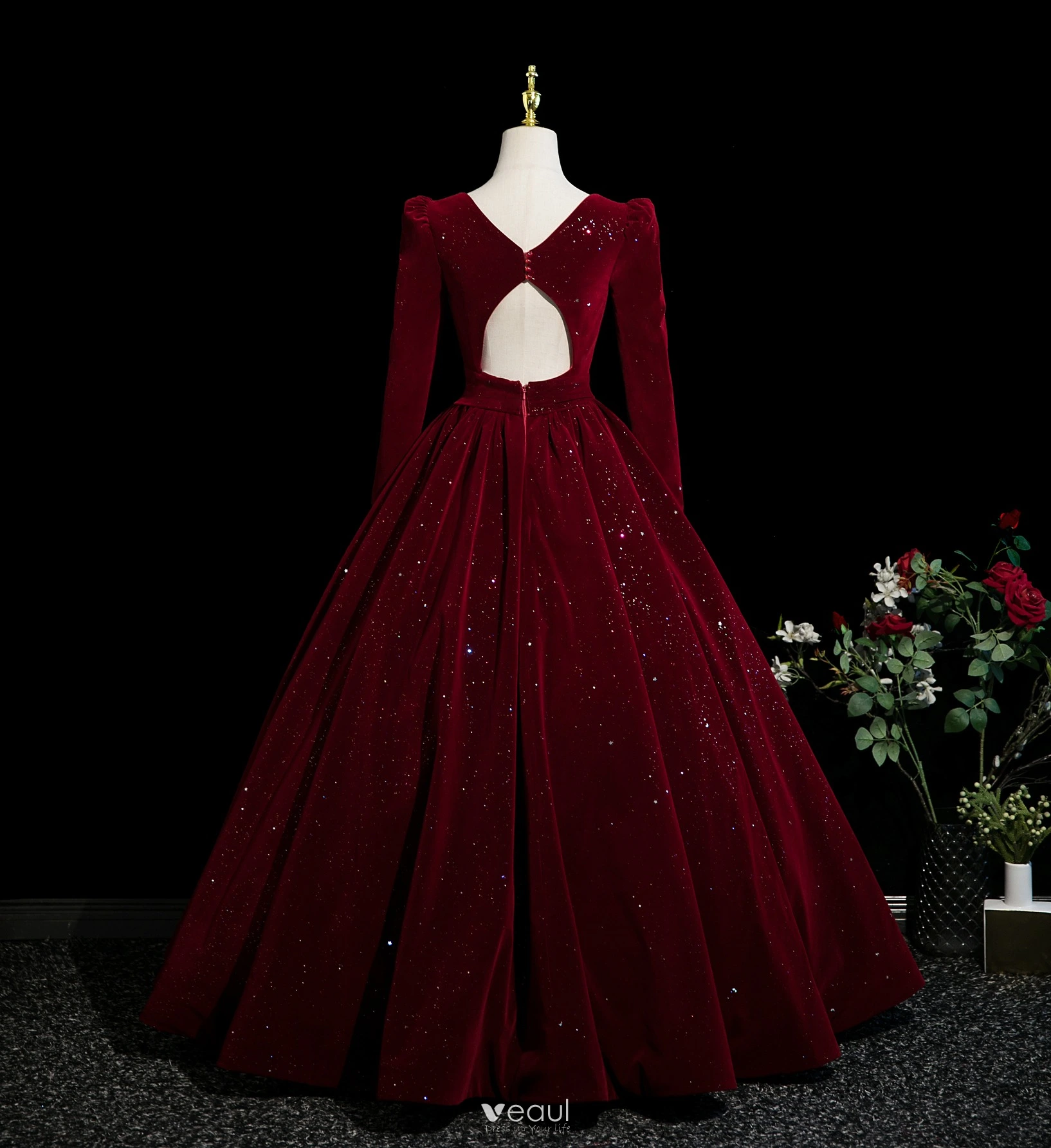Demure Burgundy Rhinestone Sequins Velvet Prom Dresses 2025 Ball Gown ...